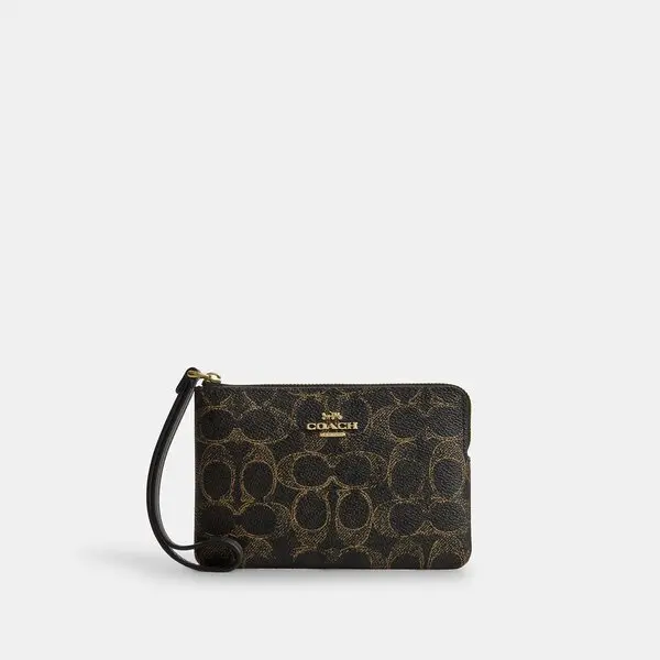 COACH OUTLET Coach Corner Zip Wristlet In Loved Signature Canvas - Gold/brown