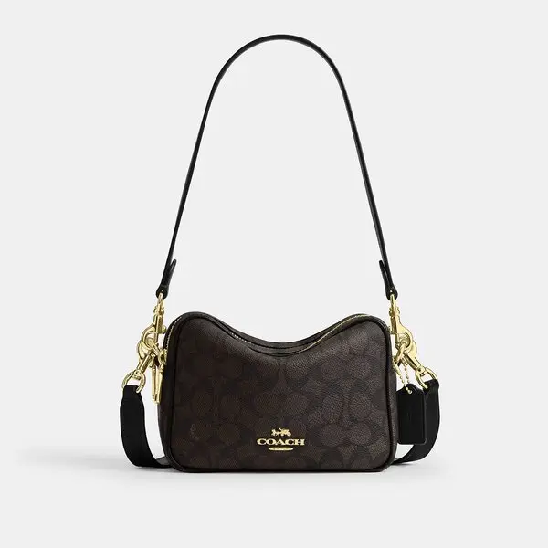 COACH OUTLET Signature Canvas Mini Carey Crossbody Bag - Gold/walnut/black