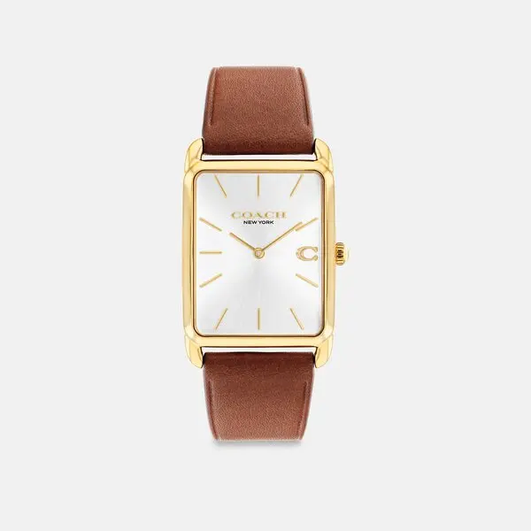 COACH OUTLET Coach "elliot" Rectangular Case Watch With Leather Strap - Saddle
