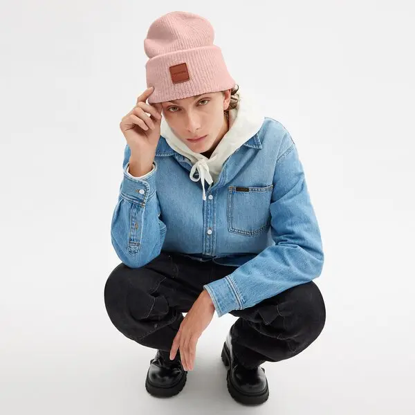 COACH OUTLET Coach Knit Beanie With Leather Patch - Peach