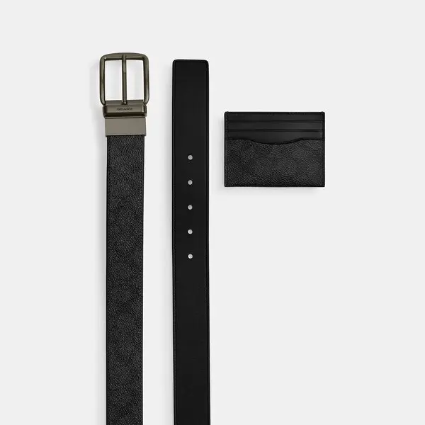COACH OUTLET Boxed Card Case And Belt Set In Signature Canvas - Gunmetal/charcoal/black
