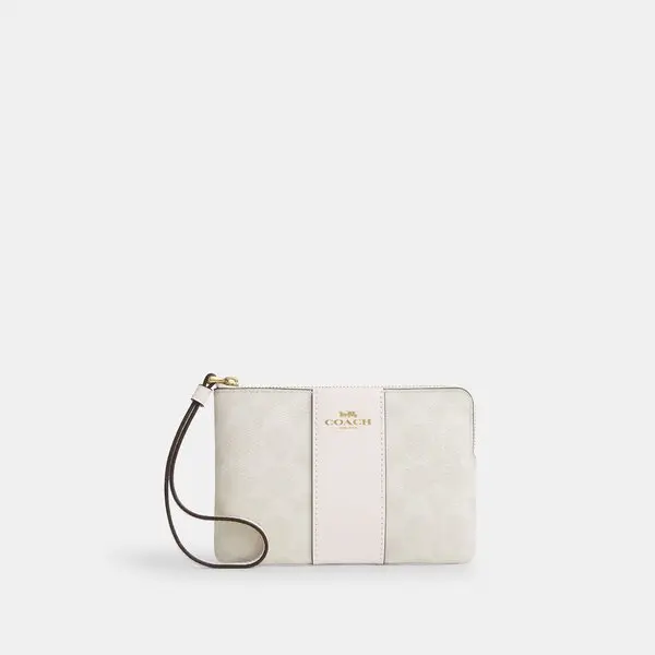 COACH OUTLET Corner Zip Wristlet In Signature Canvas With Stripe - Gold/white/chalk