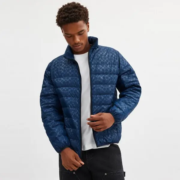 COACH OUTLET Lightweight Down Jacket In Recycled Polyester With Signature Pattern - Washed Navy