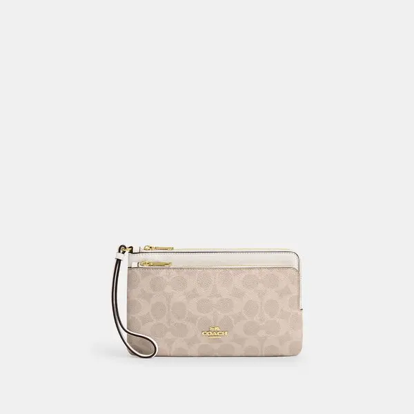 COACH OUTLET Double Zip Wallet In Signature Canvas - Gold/sand/chalk