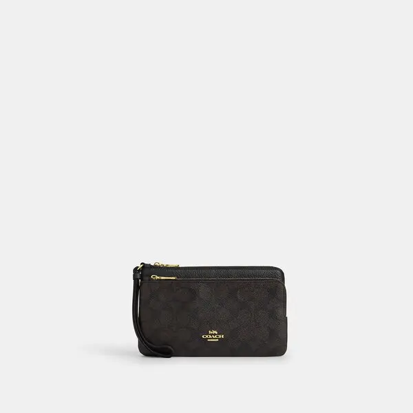 COACH OUTLET Double Zip Wallet In Signature Canvas - Gold/walnut/black