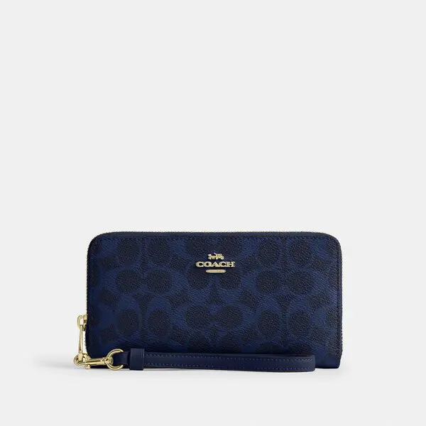 COACH OUTLET Long Zip Around Wallet In Signature Canvas - Gold/navy