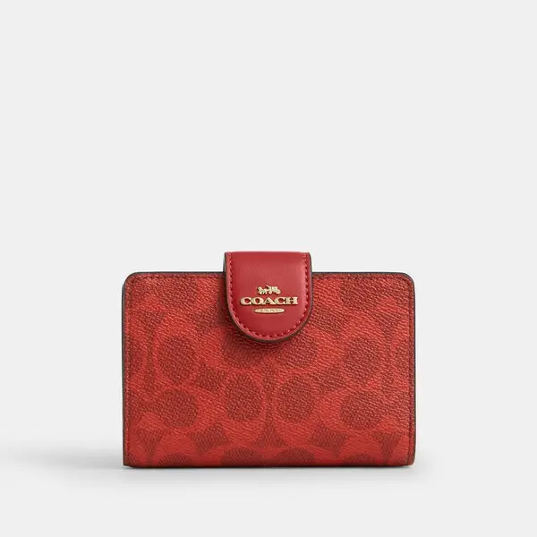 COACH OUTLET Medium Corner Zip Wallet In Signature Canvas - Gold/crimson
