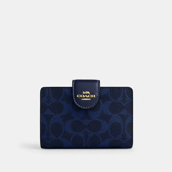 COACH OUTLET Medium Corner Zip Wallet In Signature Canvas - Gold/navy