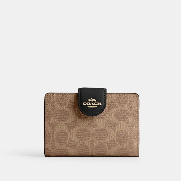 COACH OUTLET Medium Corner Zip Wallet In Signature Canvas - Gold/tan/black