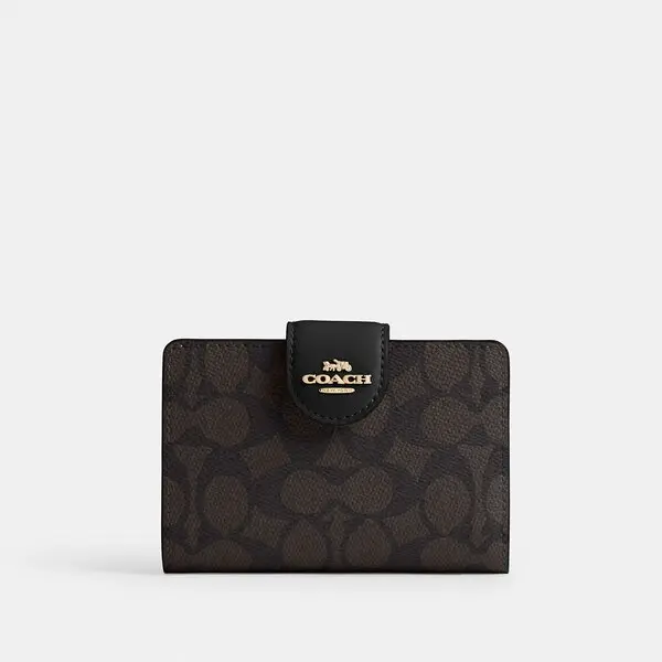 COACH OUTLET Medium Corner Zip Wallet In Signature Canvas - Gold/walnut/black