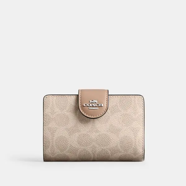 COACH OUTLET Medium Corner Zip Wallet In Signature Canvas - Silver/sand/taupe
