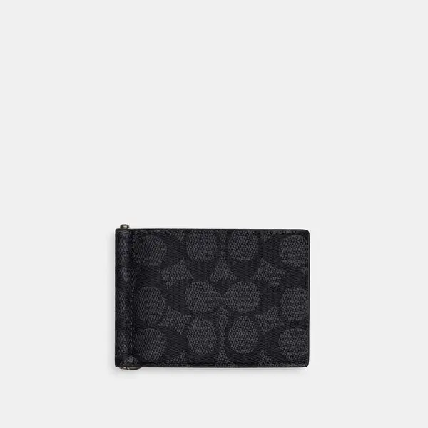 COACH OUTLET Slim Money Clip Billfold Wallet In Signature Canvas - Gunmetal/charcoal/black