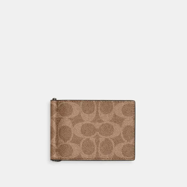 COACH OUTLET Slim Money Clip Billfold Wallet In Signature Canvas - Gunmetal/tan/black