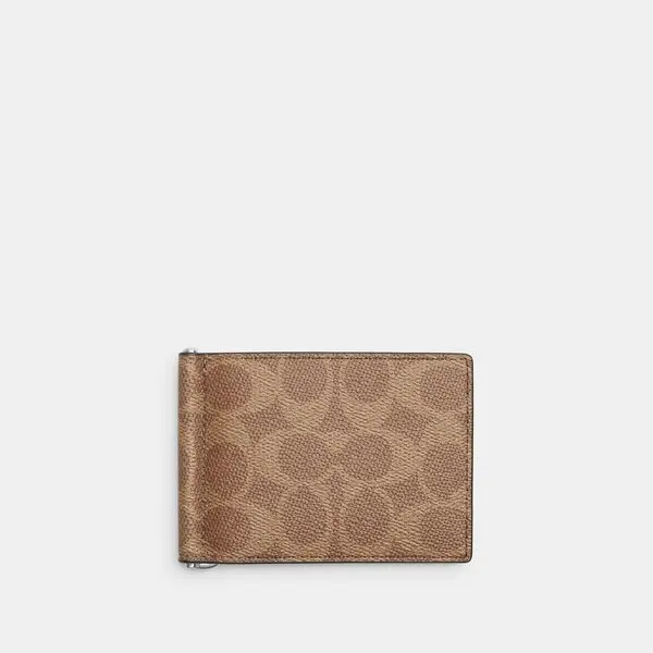 COACH OUTLET Slim Money Clip Billfold Wallet In Signature Canvas - Silver/tan/black