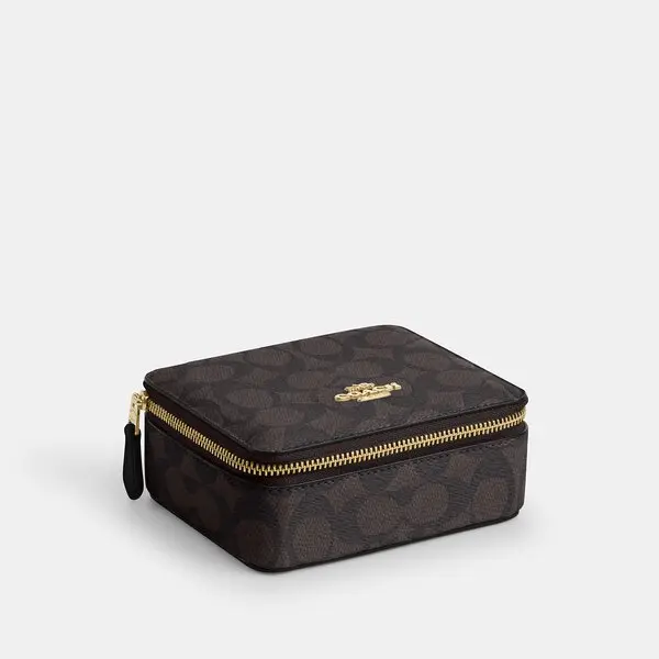 COACH OUTLET Coach Signature Canvas Jewelry Box - Gold/walnut/black