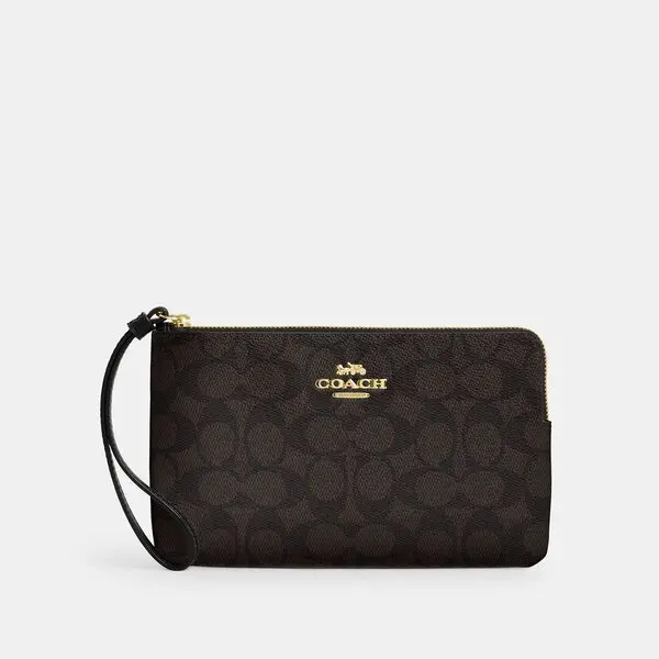 COACH OUTLET Coach Signature Canvas Corner Zip Wristlet - Gold/walnut/black