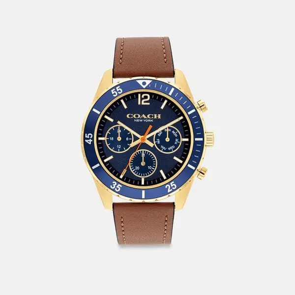 COACH OUTLET Coach Chronograph Watch With Gold Tone Case And Leather Strap - Saddle