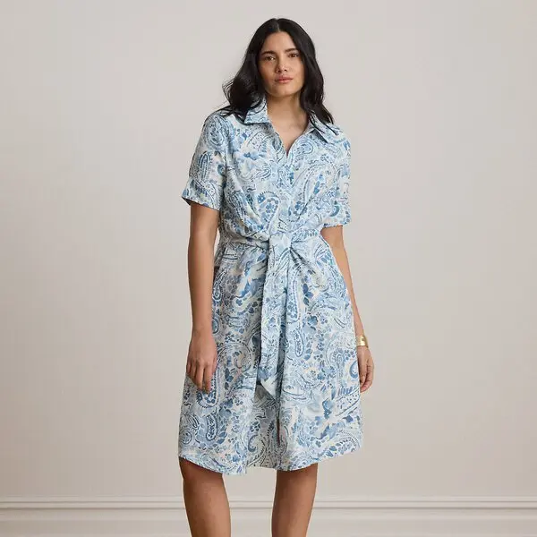 Ralph Lauren Paisley Tie-front Linen Shirtdress - White/blue