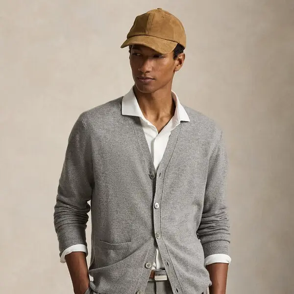 Ralph Lauren Suede Patch Cashmere Cardigan - Fawn Grey Heather