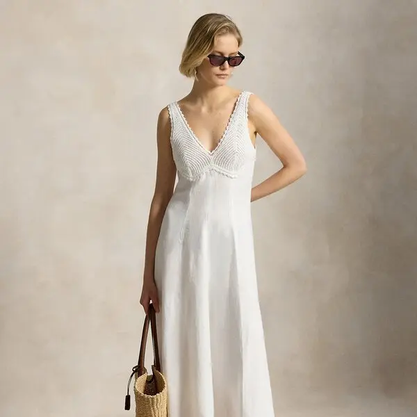 Ralph Lauren Crochet Trim Linen Dress - White