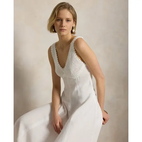 Ralph Lauren Crochet Trim Linen Dress