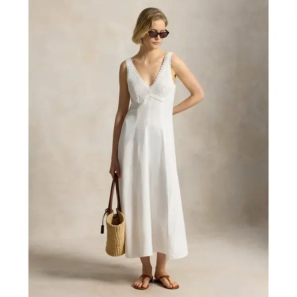 Ralph Lauren Crochet Trim Linen Dress