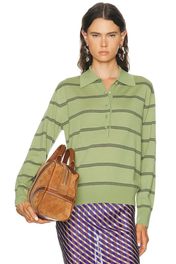 Dries Van Noten Striped Merino Wool Polo Top - Olive