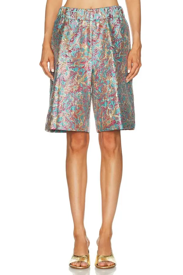 Dries Van Noten Pomy Short In Teal,metallic Gold - Turquoise