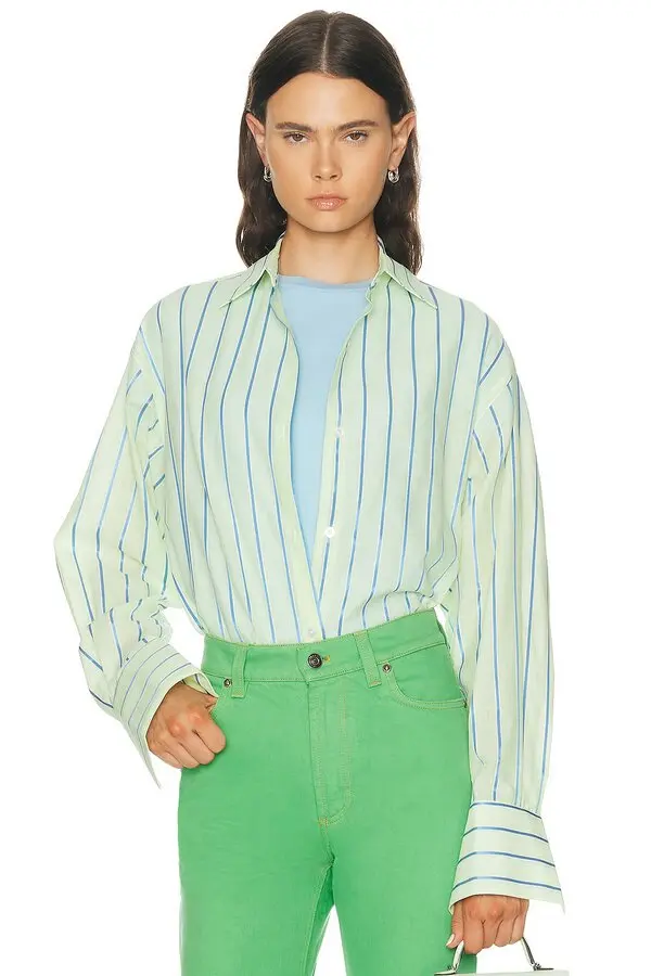 Renggli Stripe Boxy Long Sleeve Button Up Shirt - Kiwi & Azure