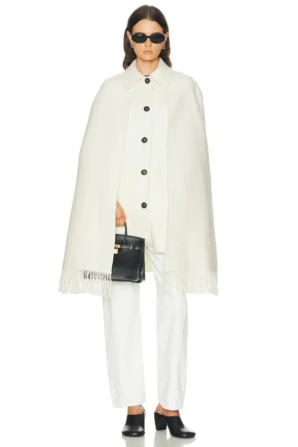 TOTEME Fringe Cape Coat In White - Winter White