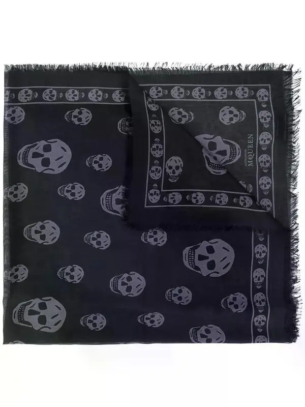 Alexander McQueen Fringed Skull Print Scarf - Black