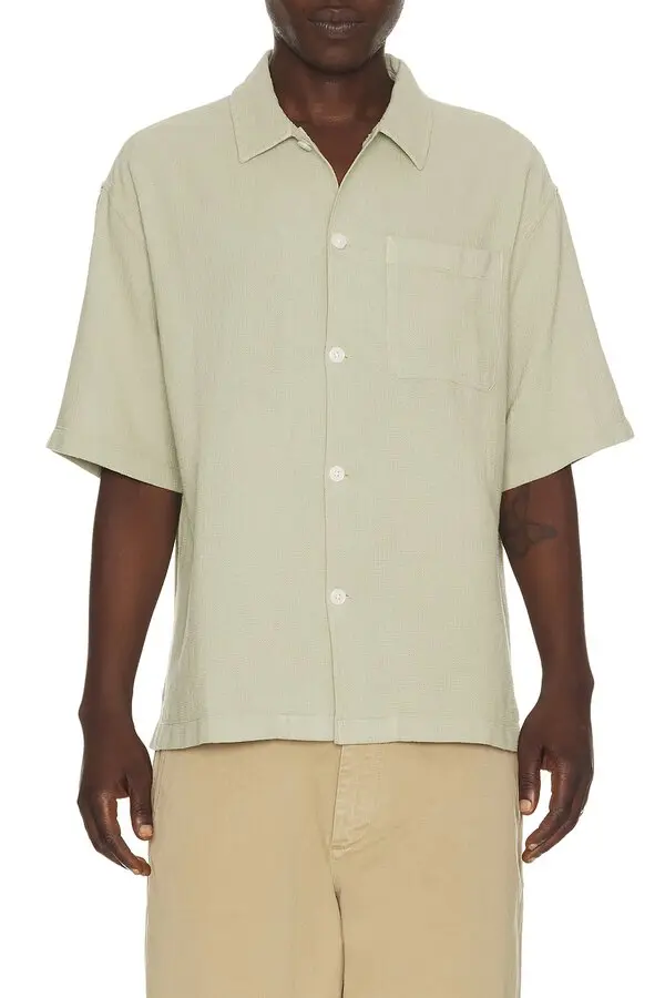 FRAME Open Weave Short Sleeve Shirt In Sage