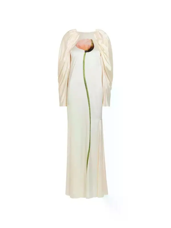 Simone Rocha Beige Satin Poppy Print Puffed Sleeve Dress