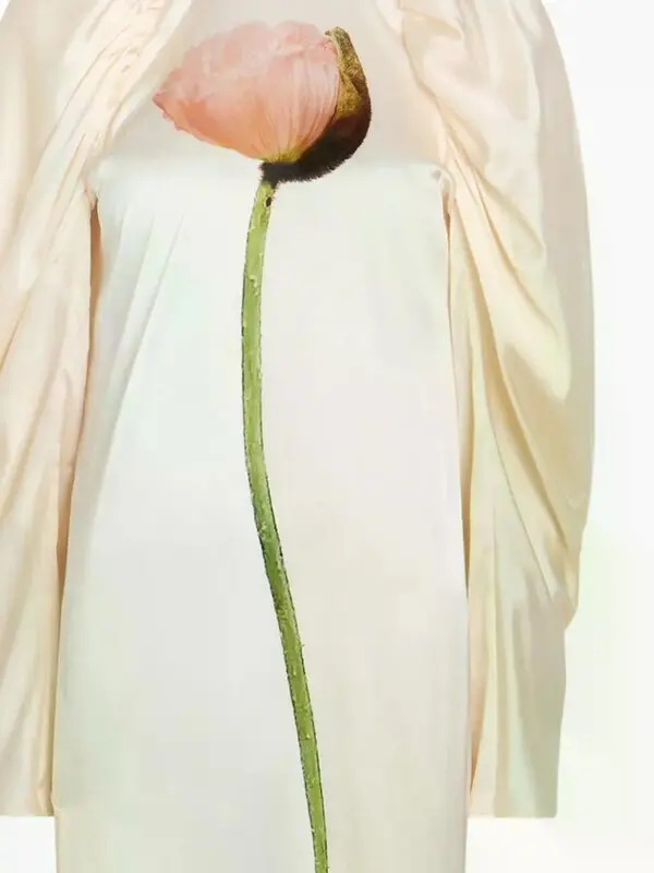 Simone Rocha Beige Satin Poppy Print Puffed Sleeve Dress