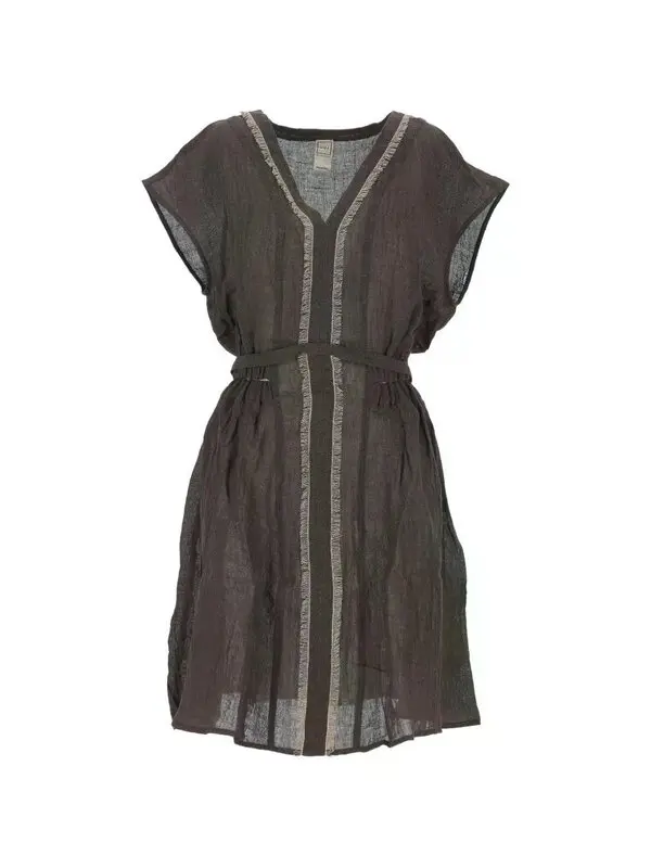 120% Lino Dark Slub Texture Frayed Trim Belted Mini Dress - Brown