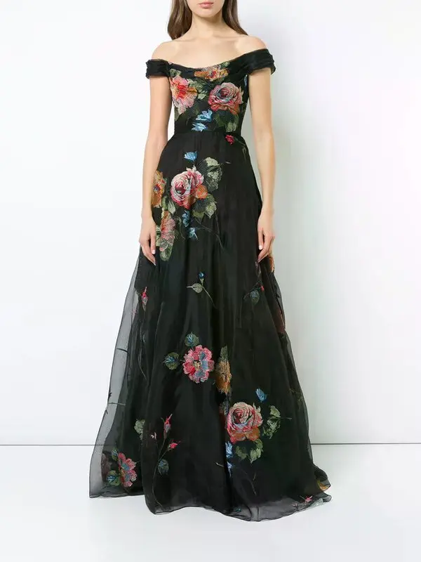 Marchesa Floral Embroidered Off-the-shoulder Gown - Black