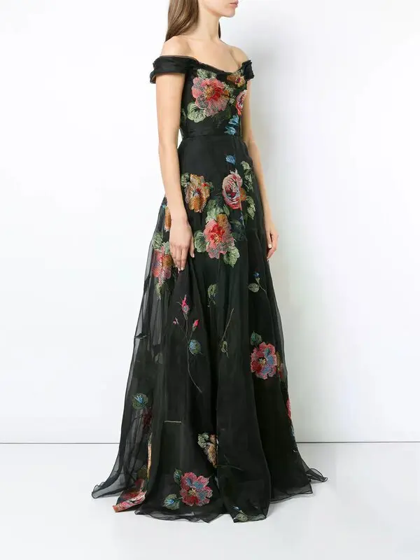 Marchesa Floral Embroidered Off-the-shoulder Gown