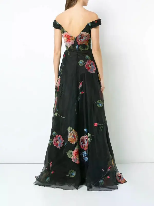 Marchesa Floral Embroidered Off-the-shoulder Gown