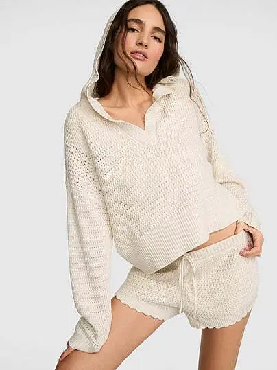 Pink Crochet V-neck Hoodie - Beige