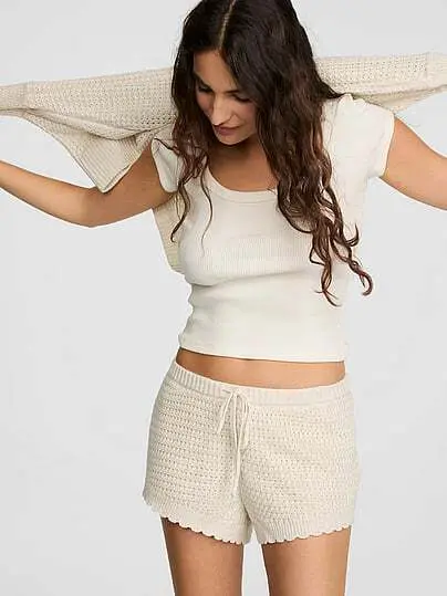 Pink Crochet Micro Shorts - Beige