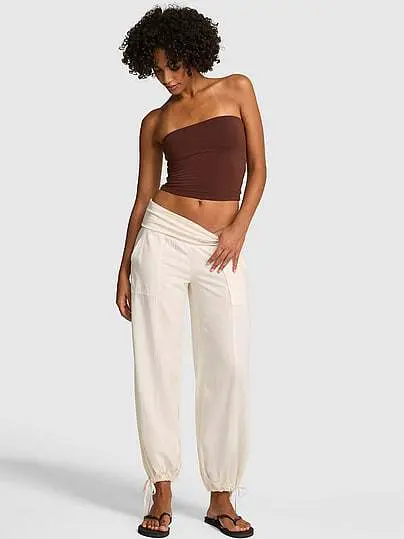 Pink Linen Blend Foldover Waistband Jogger Pants - Beige