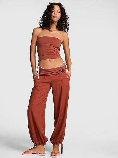 Pink Linen Blend Foldover Waistband Jogger Pants - Brown