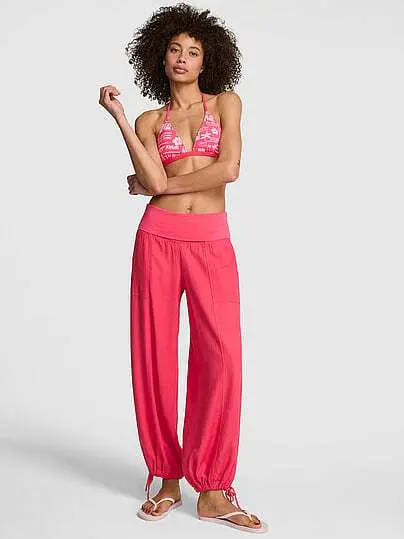 Pink Linen Blend Foldover Waistband Jogger Pants - Pink
