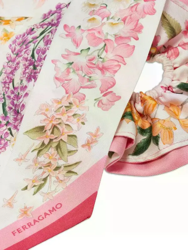 FERRAGAMO Silk Floral Print Scrunchie With Detachable Ribbon