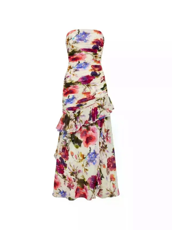NICHOLAS Viola Ruched Ruffled Maxi Dress - White