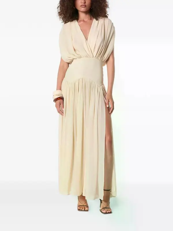 NICHOLAS Giana Plunging-neck Pleated Maxi Dress - Neutrals