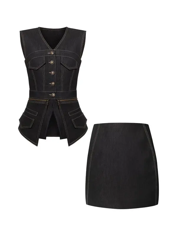 TIA DORRAINE Sleeveless Denim Top Vest And Mini Skirt Set - Black