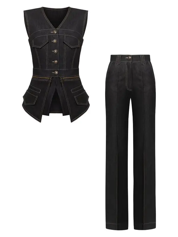 TIA DORRAINE Sleeveless Denim Top Vest And Straight-leg Trousers Set - Black