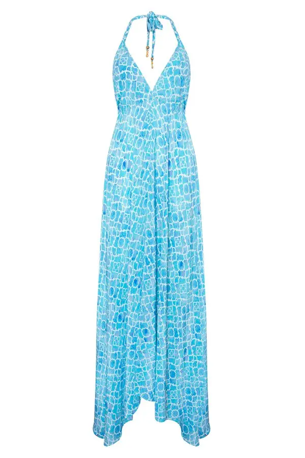SOPHIA ALEXIA Azure Mosaic Silk Halterneck Maxi Dress - Blue