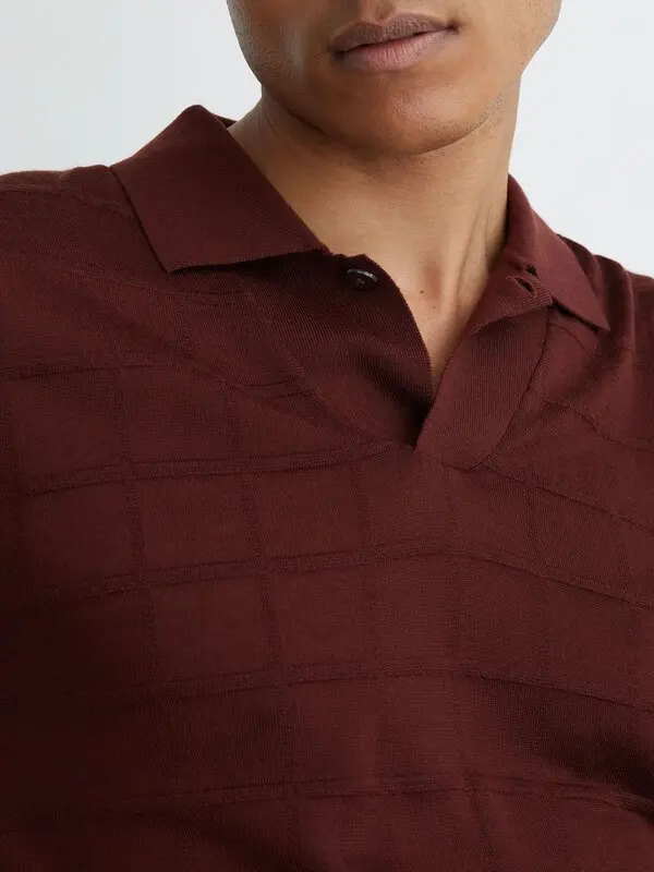 REISS Check-texture Short-sleeve Wool Polo Jumper - Bordeaux